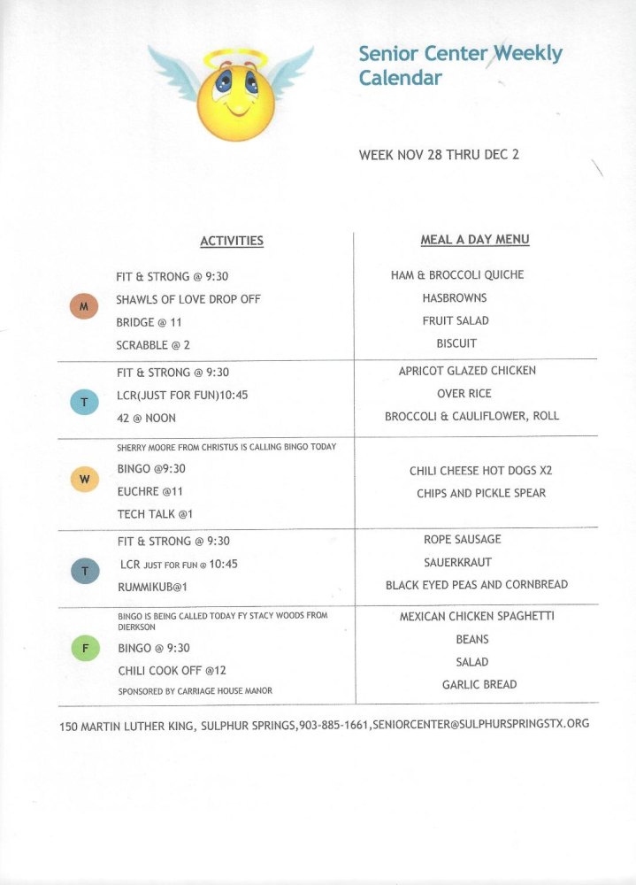 Meal A Day Menu And Senior Citizens Center Calendar for Nov. 29-Dec. 2 ...