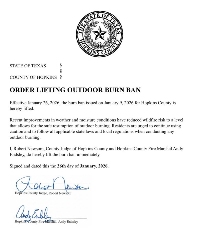 Hopkins County Rescinds Burn Ban - Ksst Radio